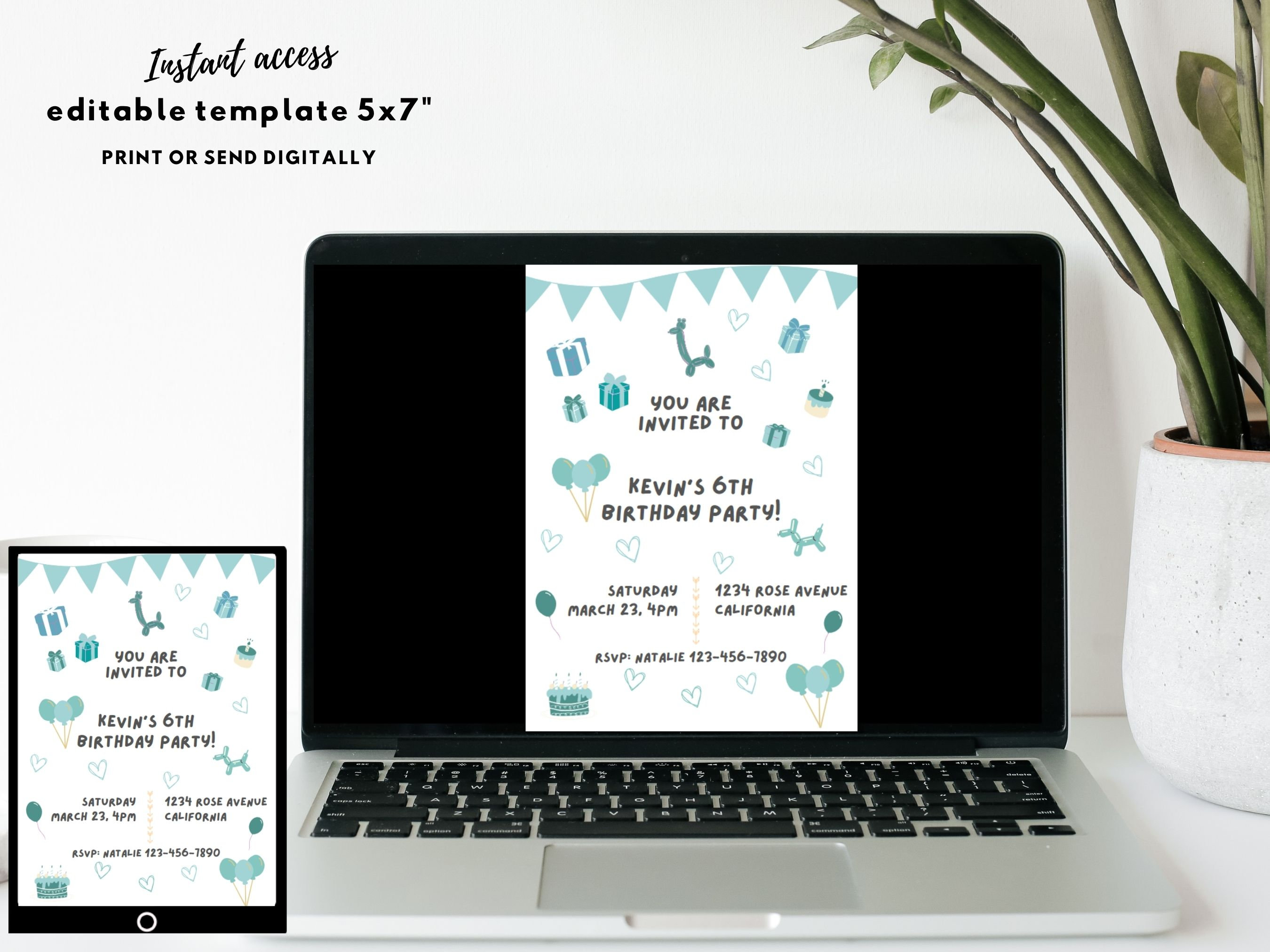 Blue Birthday Party Invitation Canva Editable Template Instant Download ...