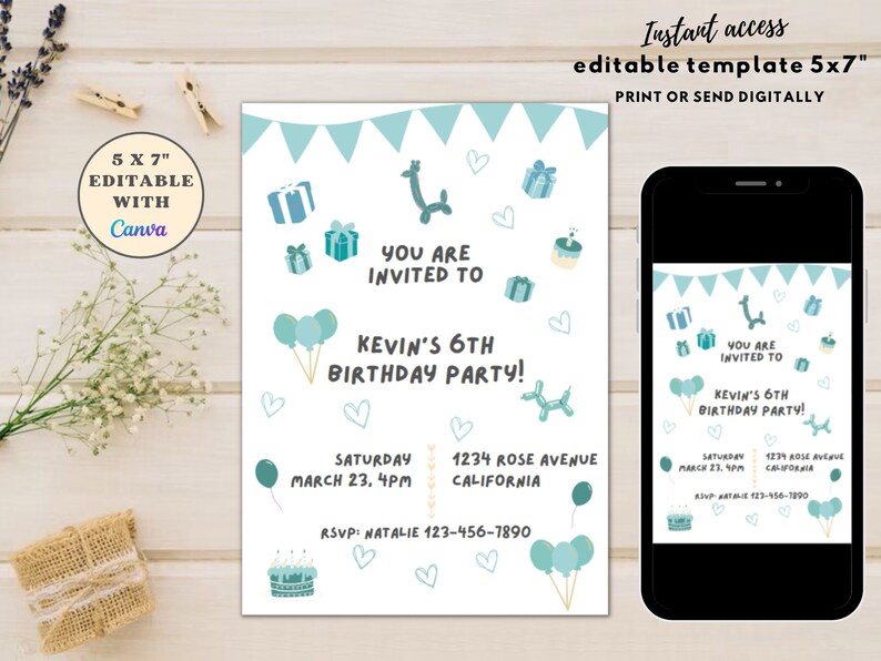 Blue Birthday Party Invitation Canva Editable Template Instant Download ...