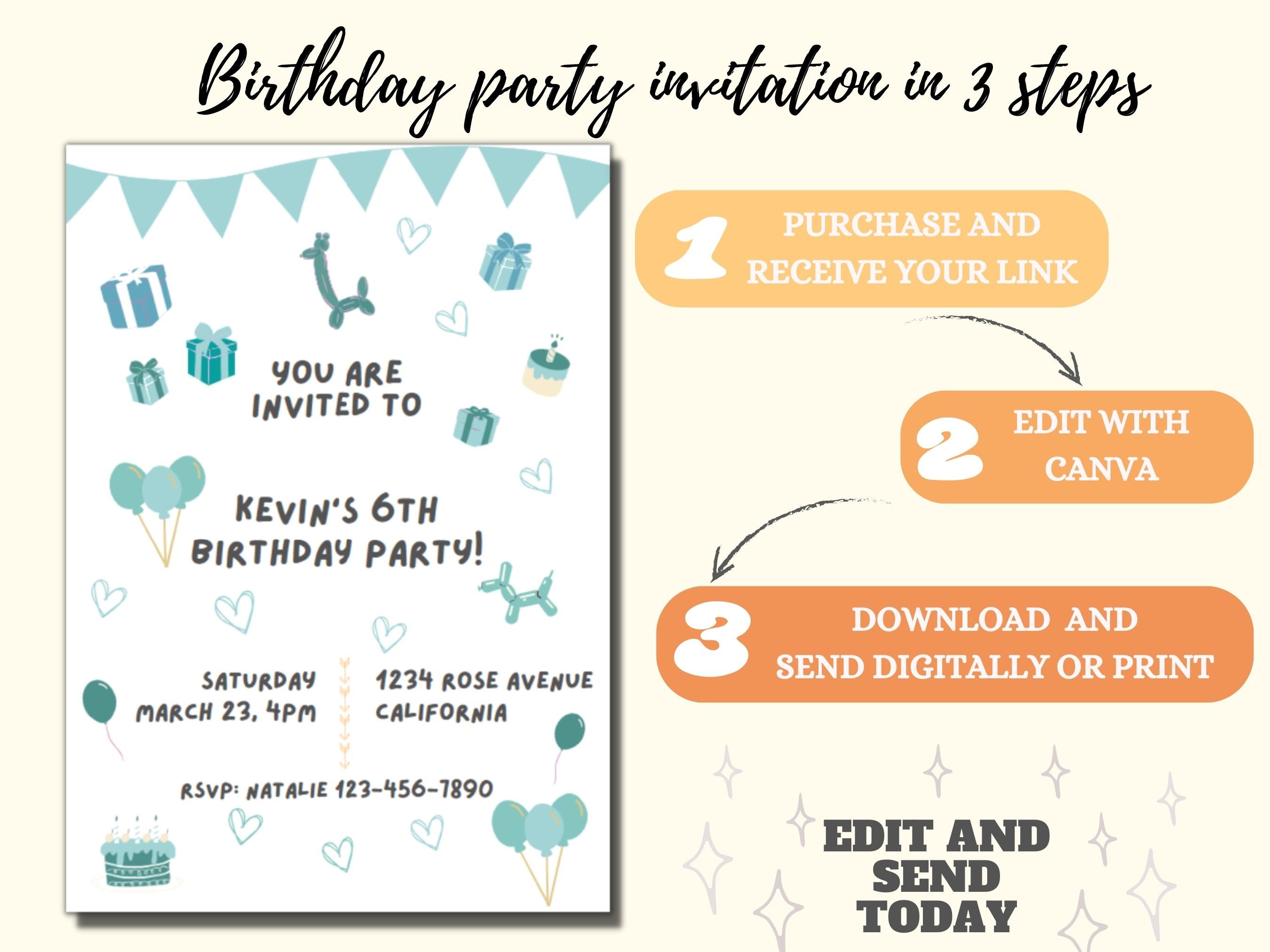 Blue Birthday Party Invitation Canva Editable Template Instant Download ...