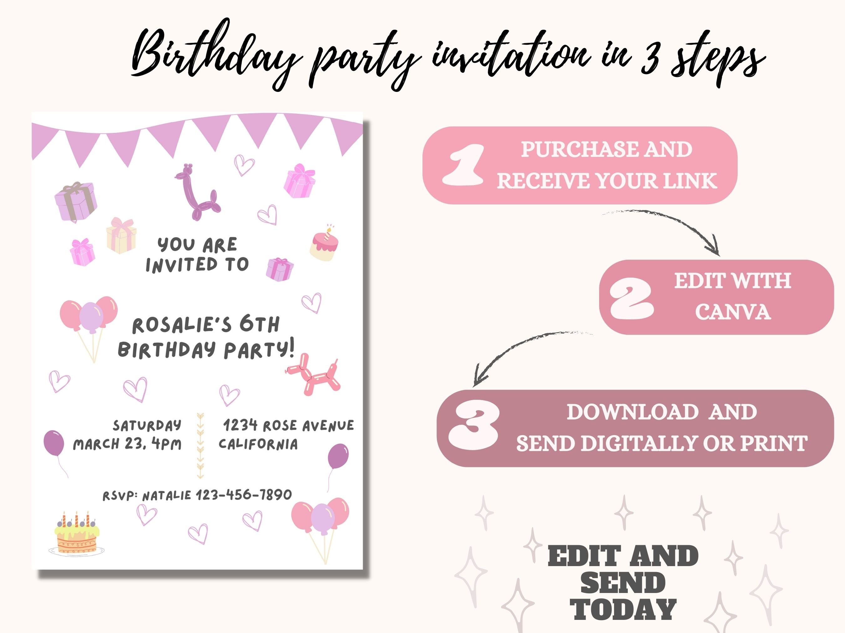 Pink Purple Birthday Party Invitation Canva Editable Template - Etsy