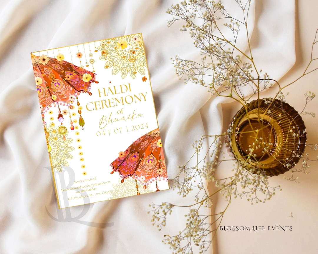 Orange Yellow Haldi Invite and Printable Invite | Floral Haldhi ...