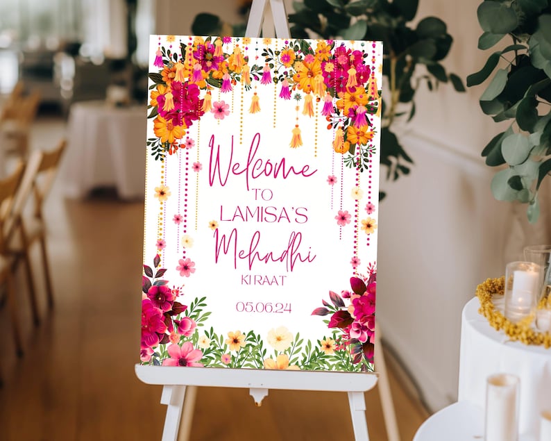 Mendhi Sign | Pink Floral Mehendi Welcome Board | Pithi Mayoun Haldi ...