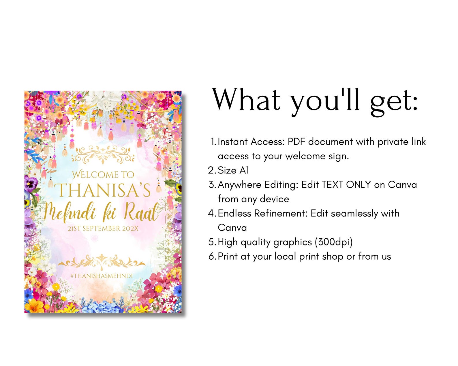 Mendhi Sign Pastel Floral Mehendi Welcome Board Pithi Mayoun Haldi ...