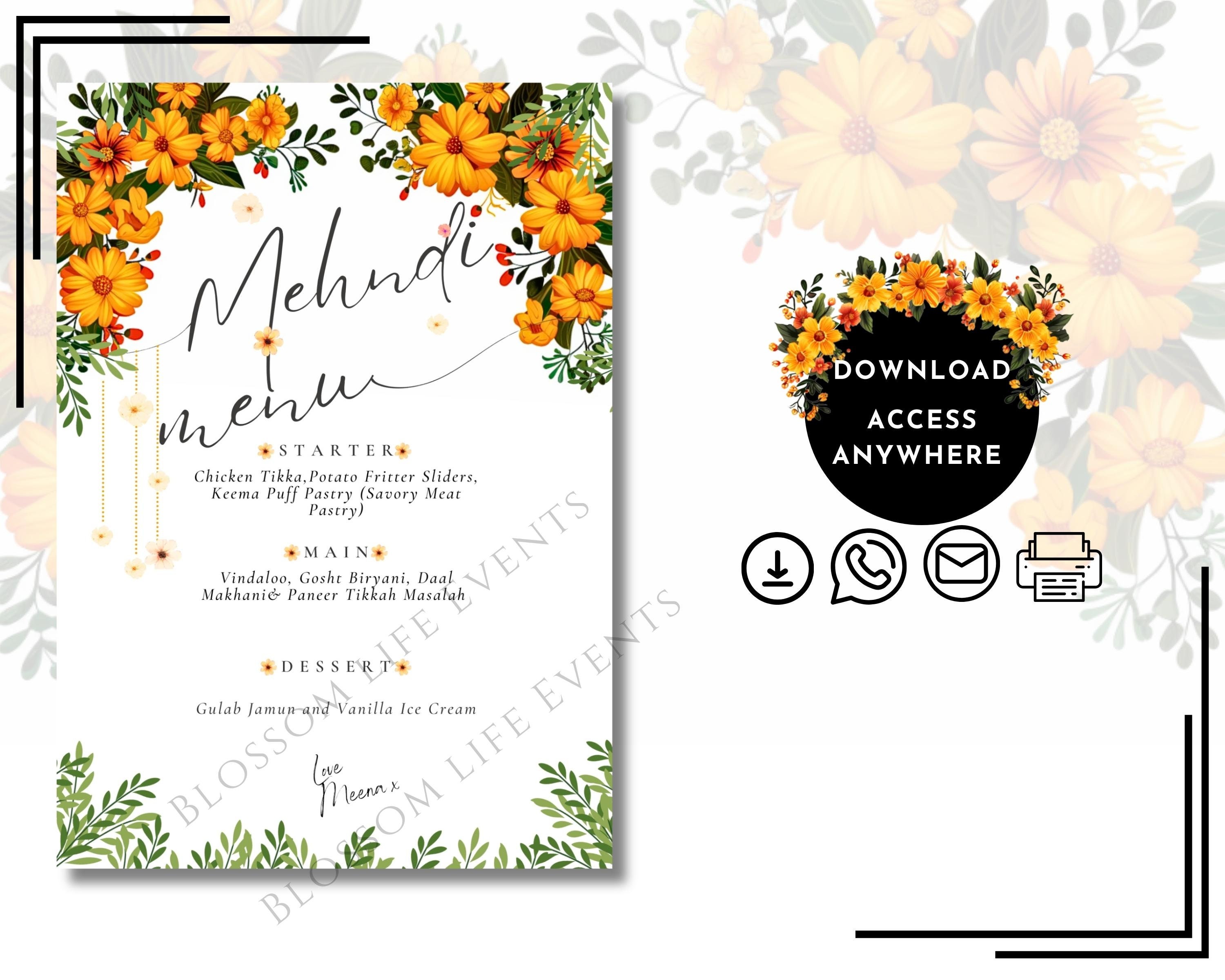 Mehndi Menu Card Printable Mehndhi Menu & Table Card - Etsy