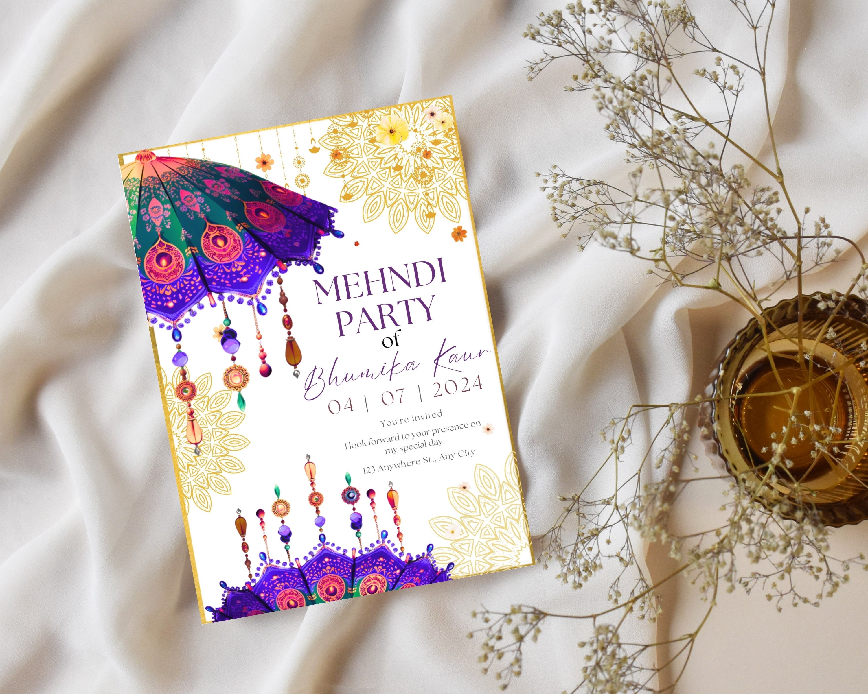 Beautiful Floral Invite Mehendi Invitation Modern Mehndi Invite ...