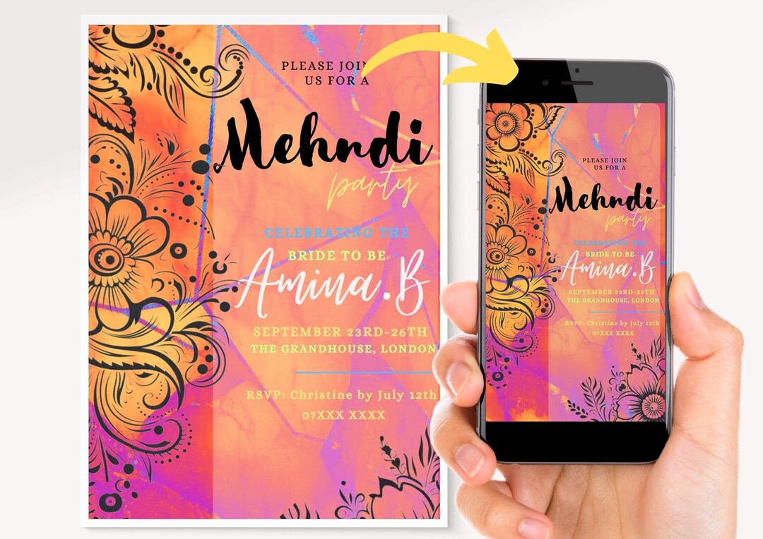 Digital Colourful Mehndi Card: Personalised Henna Invitation - Etsy