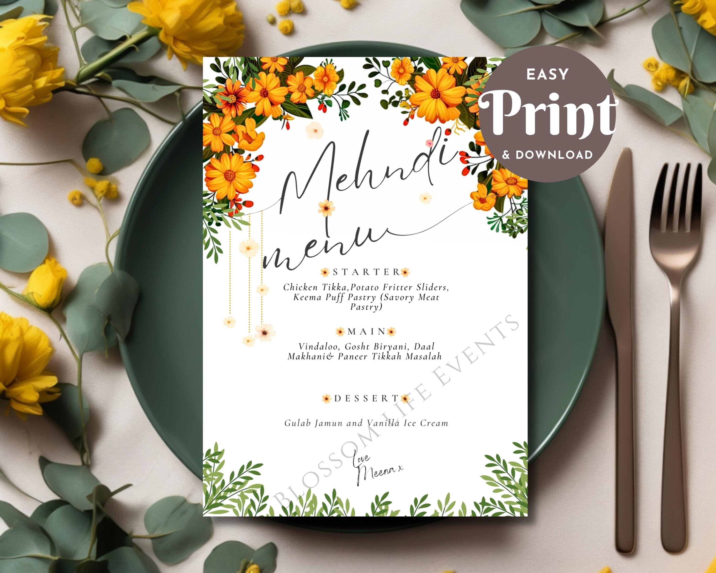 Mehndi Menu Card - Printable | Mehndhi Menu & Table Card | Mehandi ...