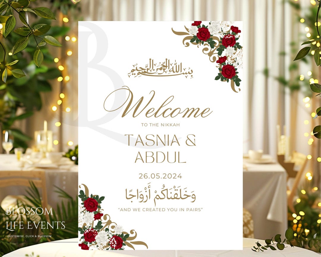 Nikkah Sign Red and White Rose Printable Islamic Wedding Welcome Sign ...