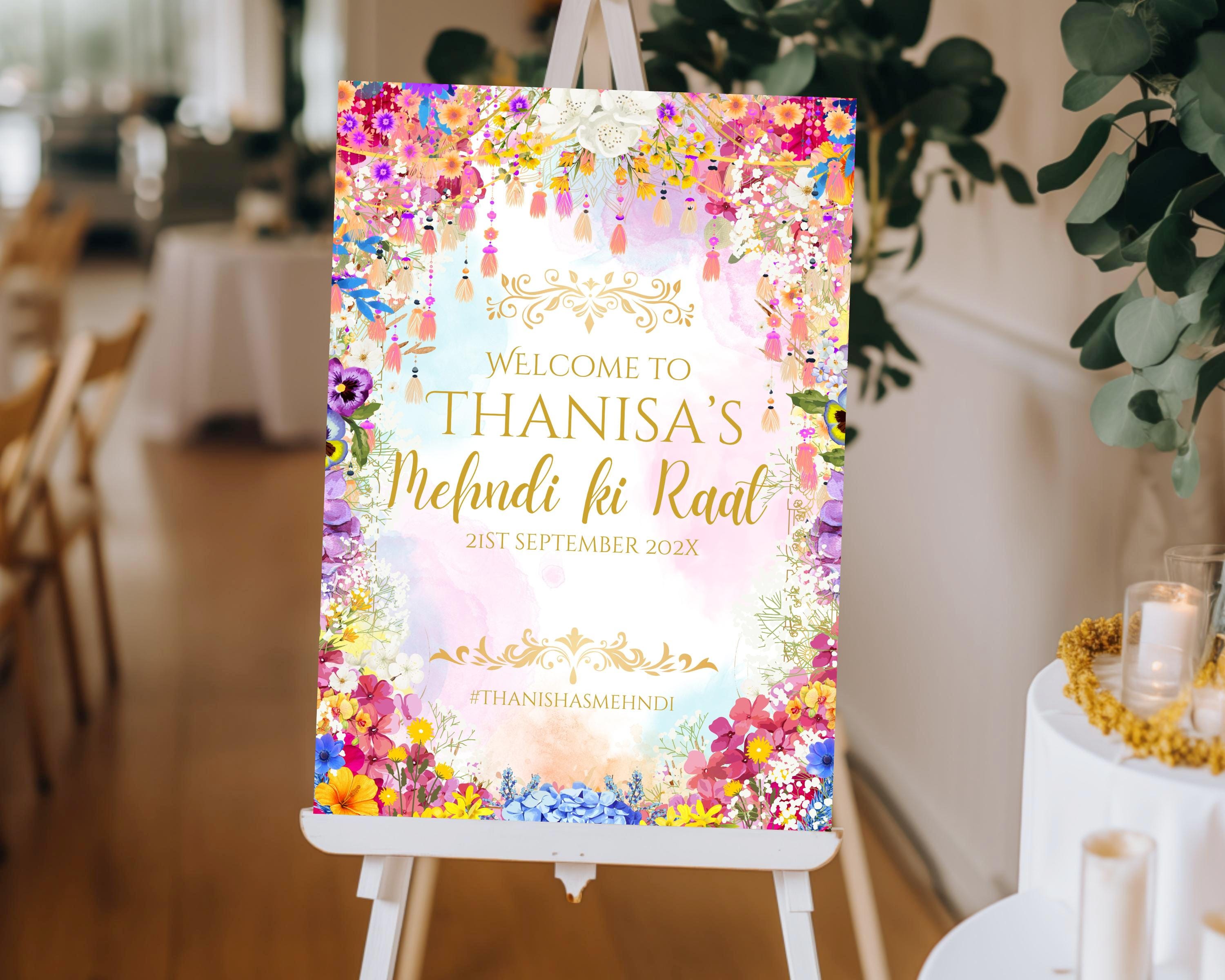 Mendhi Sign Pastel Floral Mehendi Welcome Board Pithi Mayoun Haldi ...