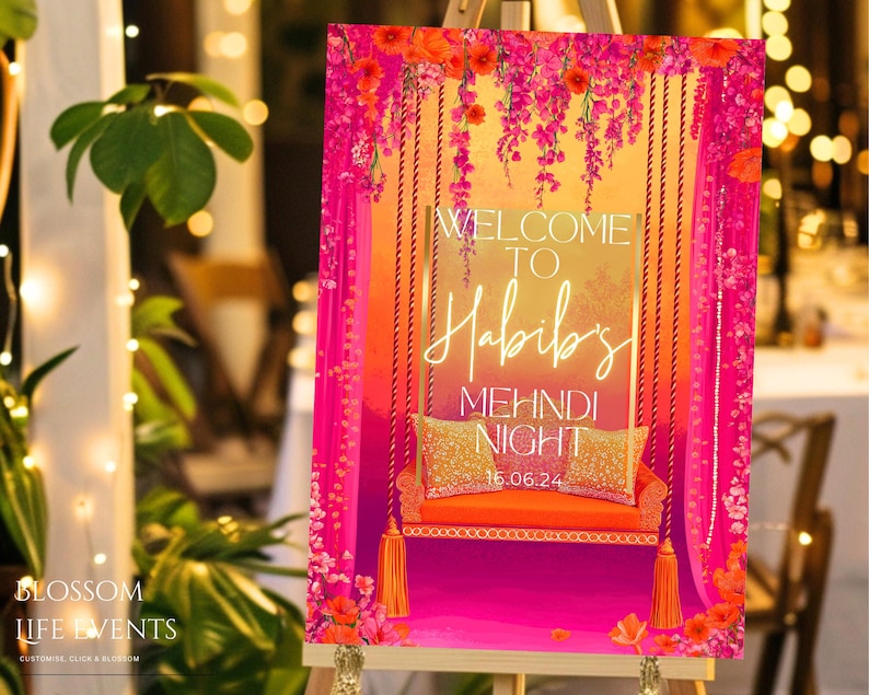 Floral Hot Pink Mehndi Sign | Vibrant Mehndi Ki Raat Board ...