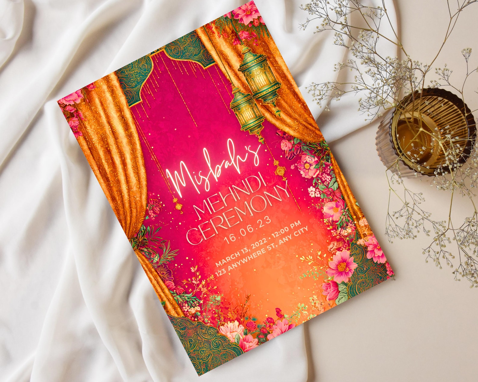 Hot Pink & Orange Mehndi Invitation Template Floral Mehndi Evite for ...