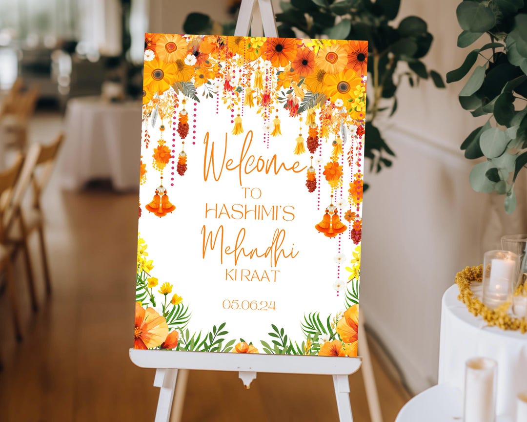 Mendhi Sign | Orange Floral Mehendi Welcome Board Pithi Mayoun Haldi ...