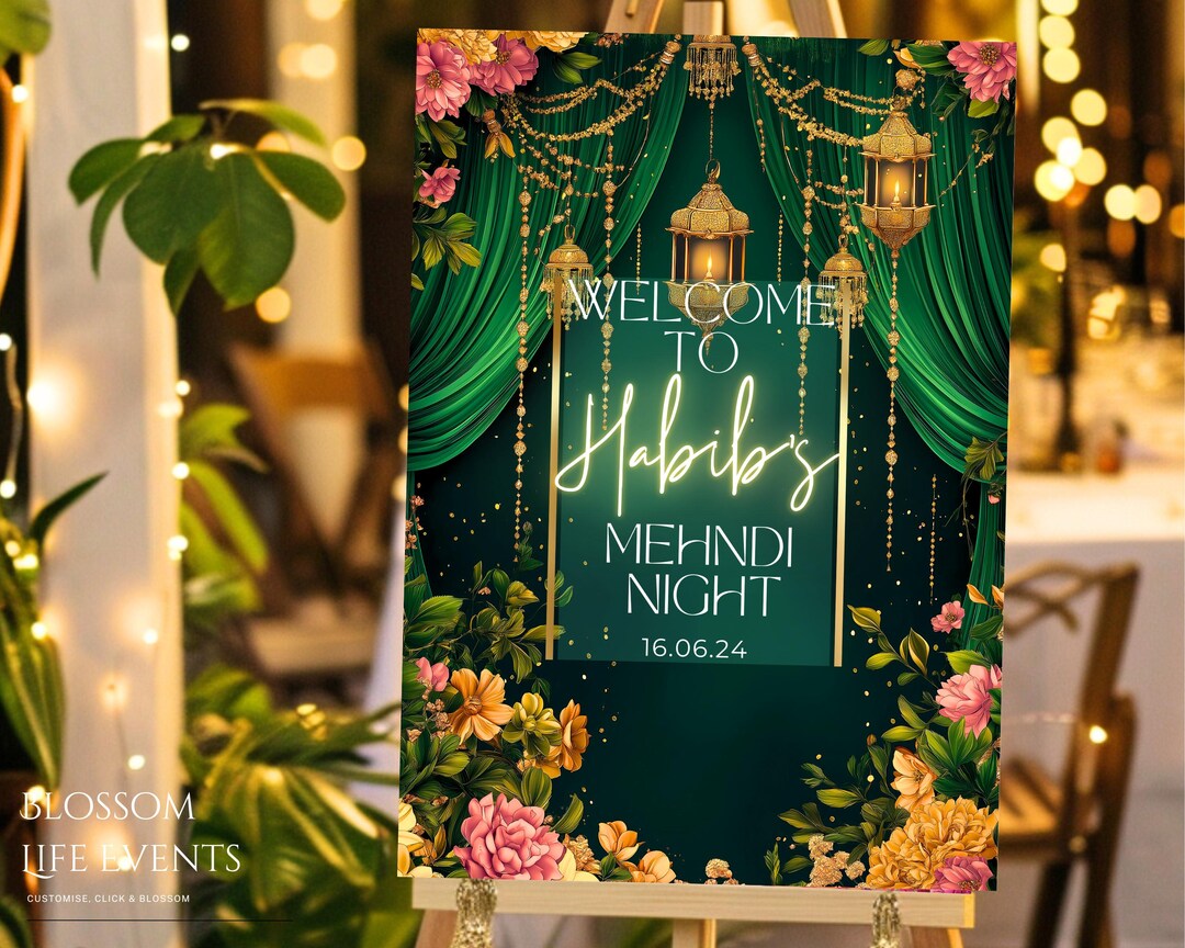 Green and Gold Mehndi Welcome Sign Customizable Digital Wedding Sign ...