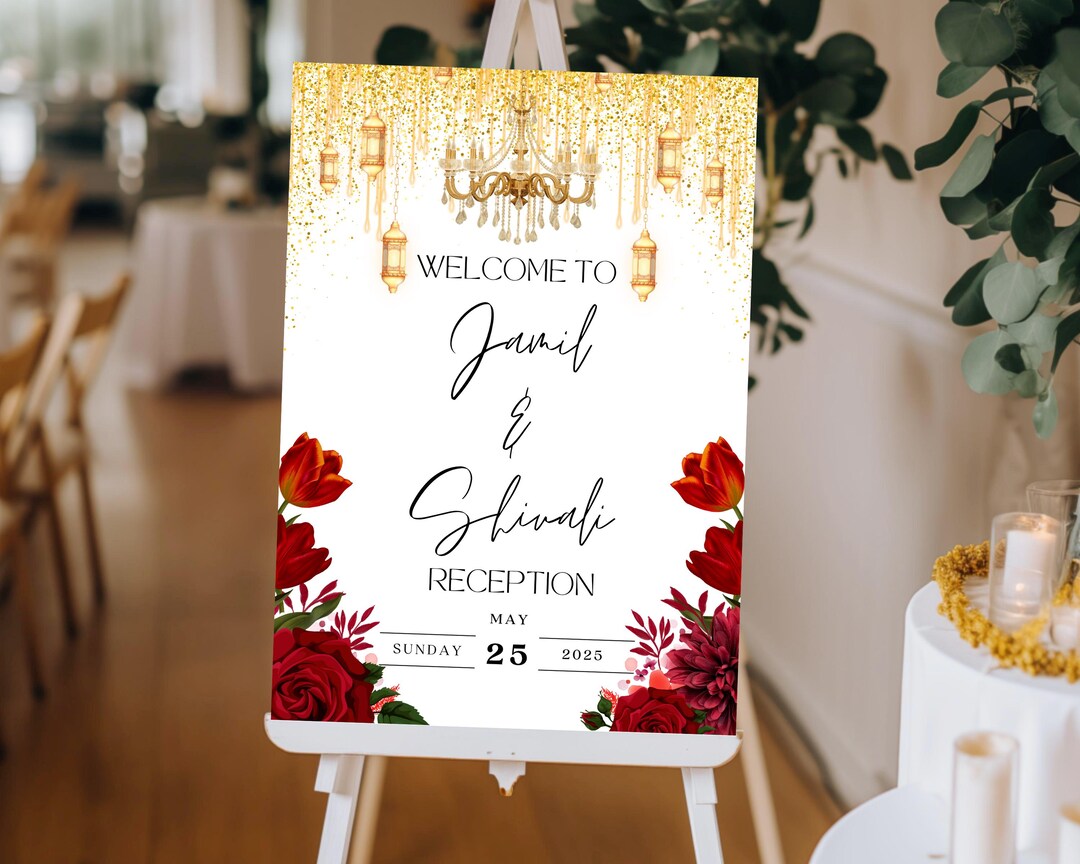 Reception Sign | Red and Gold Welcome Board | Elegant Reception Signage ...
