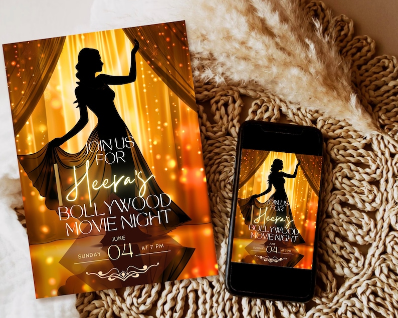 Bollywood Movie Night Invite Card Bollywood Theme Birthday Invite for ...