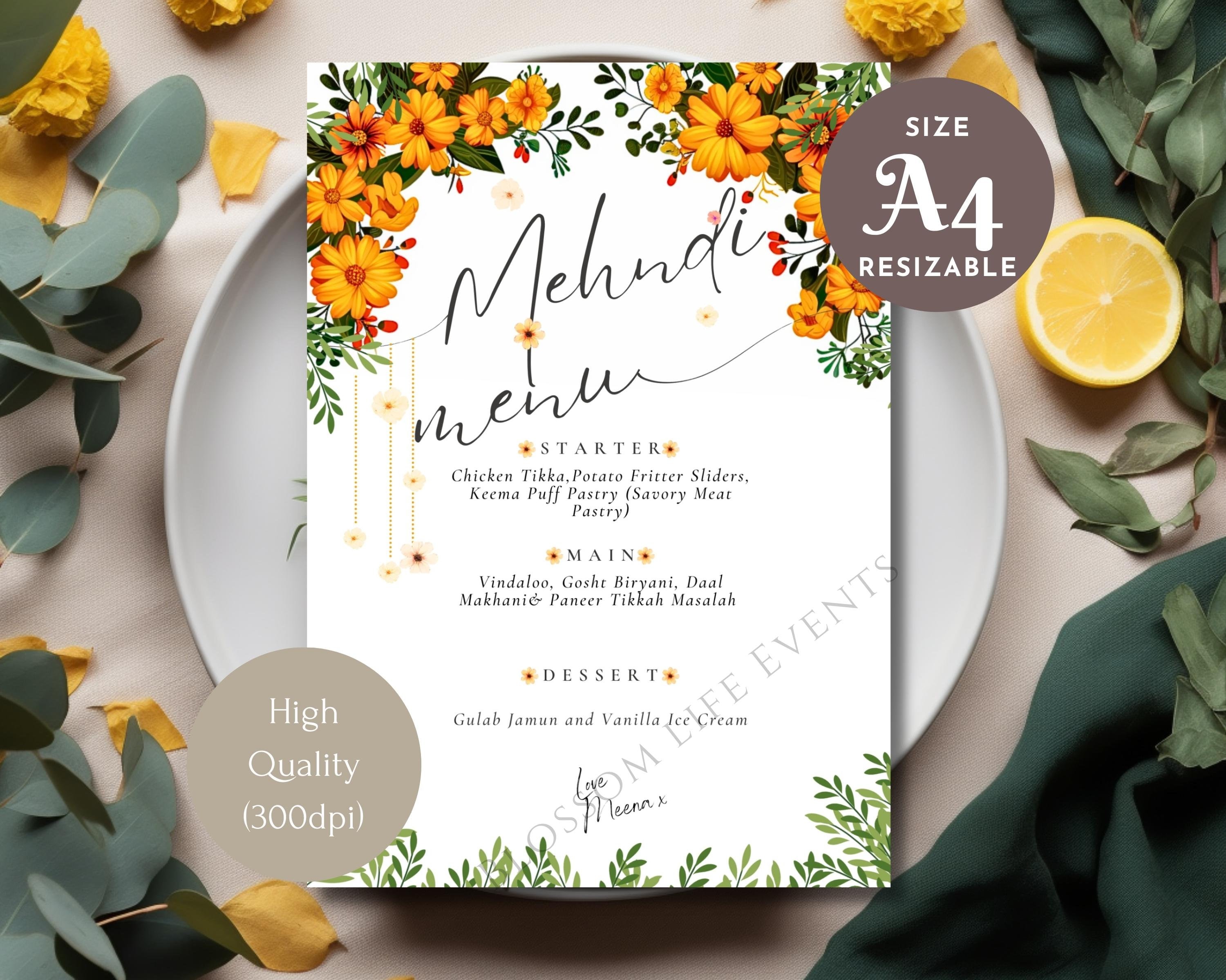 Mehndi Menu Card Printable Mehndhi Menu & Table Card Mehandi Table Card ...