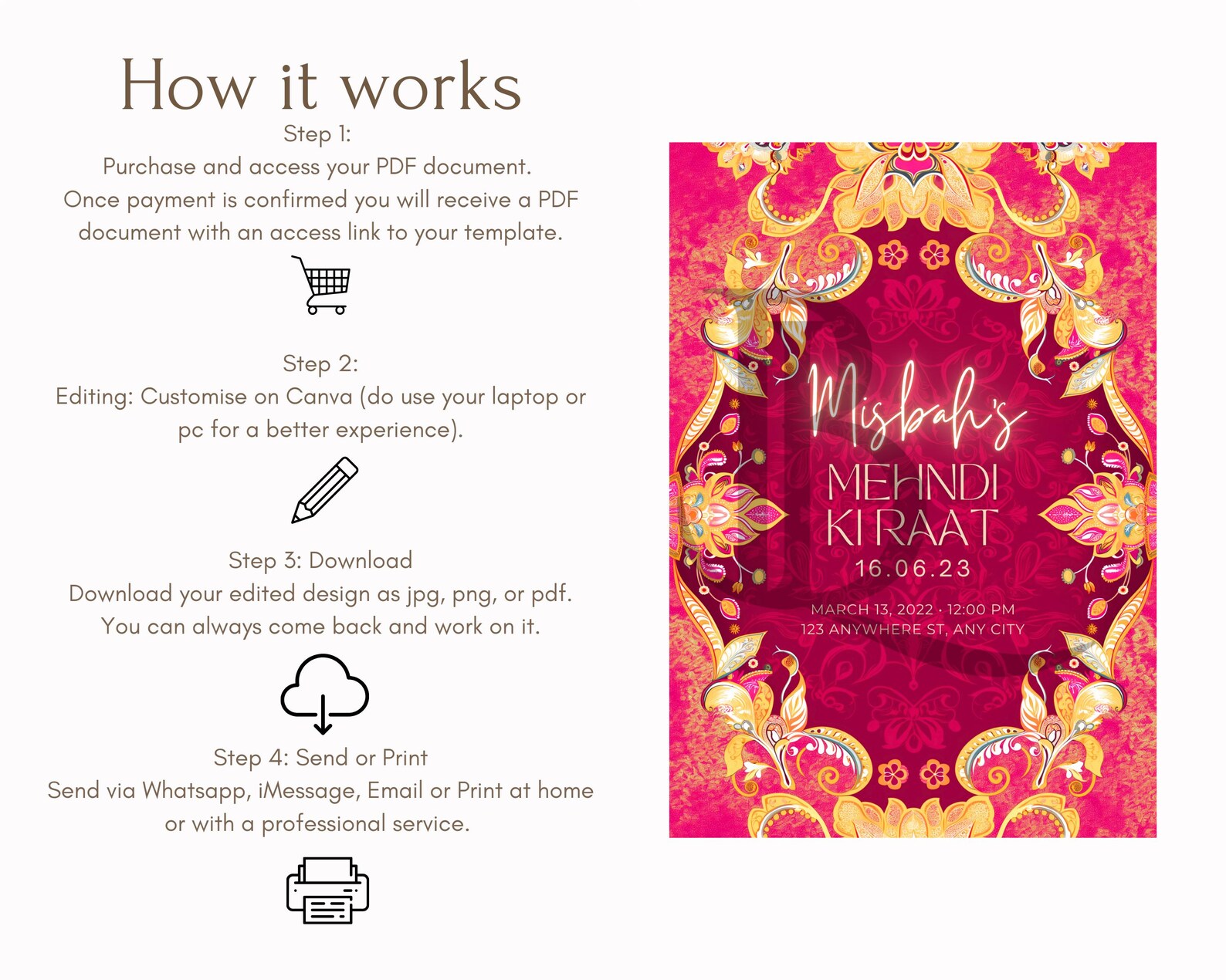 Mehendi Invite | Mehndi Invitation | Hot Pink Mehndi Invite | Printable ...