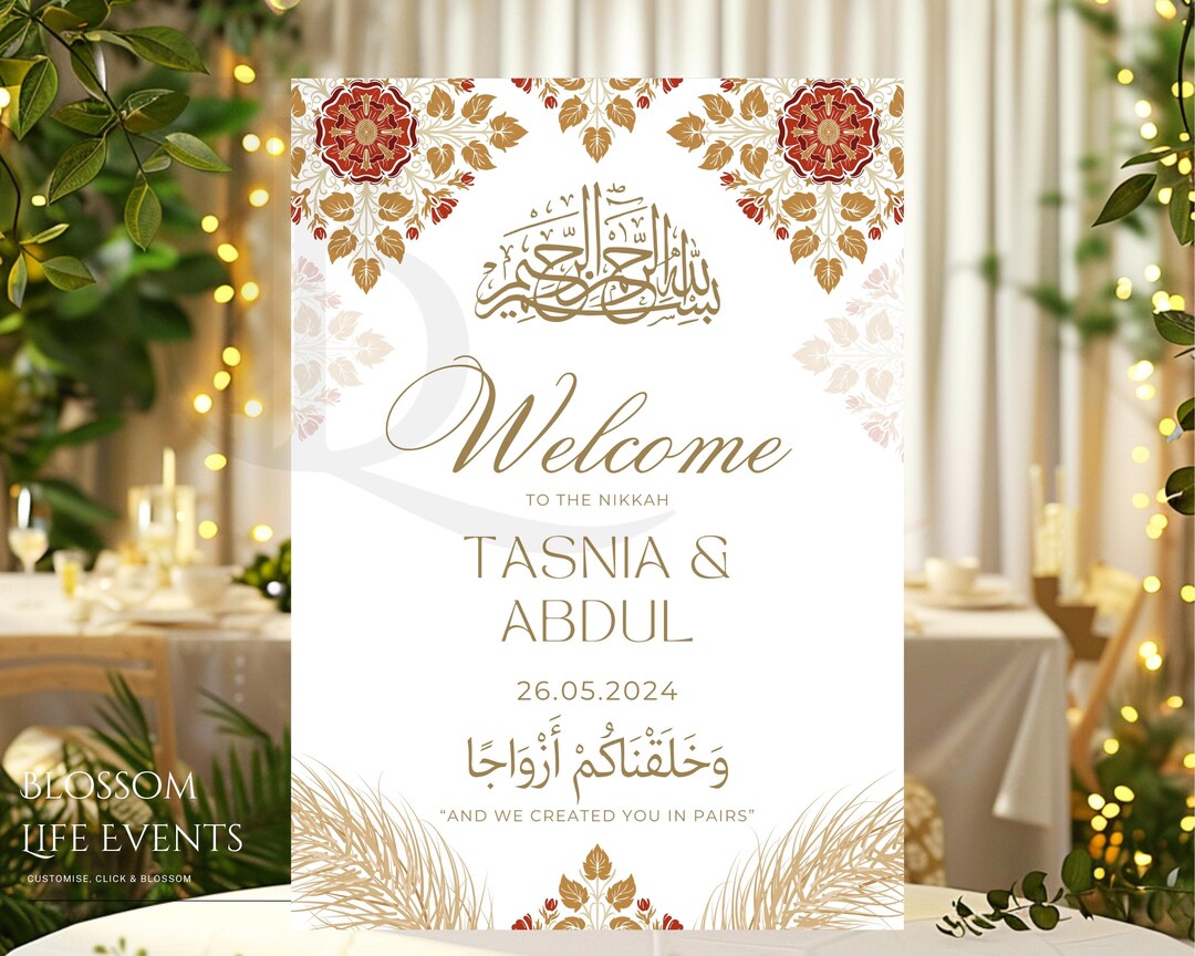 Beautiful Islamic Wedding Sign | Red and Gold Motif Elegant Nikkah ...