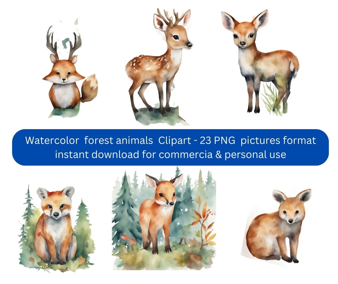 Watercolor Forest Animals Clipart 23 -PNG, Junk Journal, Scrapbook ...