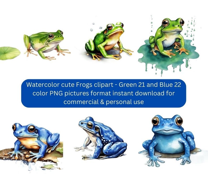 43 Watercolor Cute Frogs Clipart's Color Green 21 and Blue 22 PNG ...