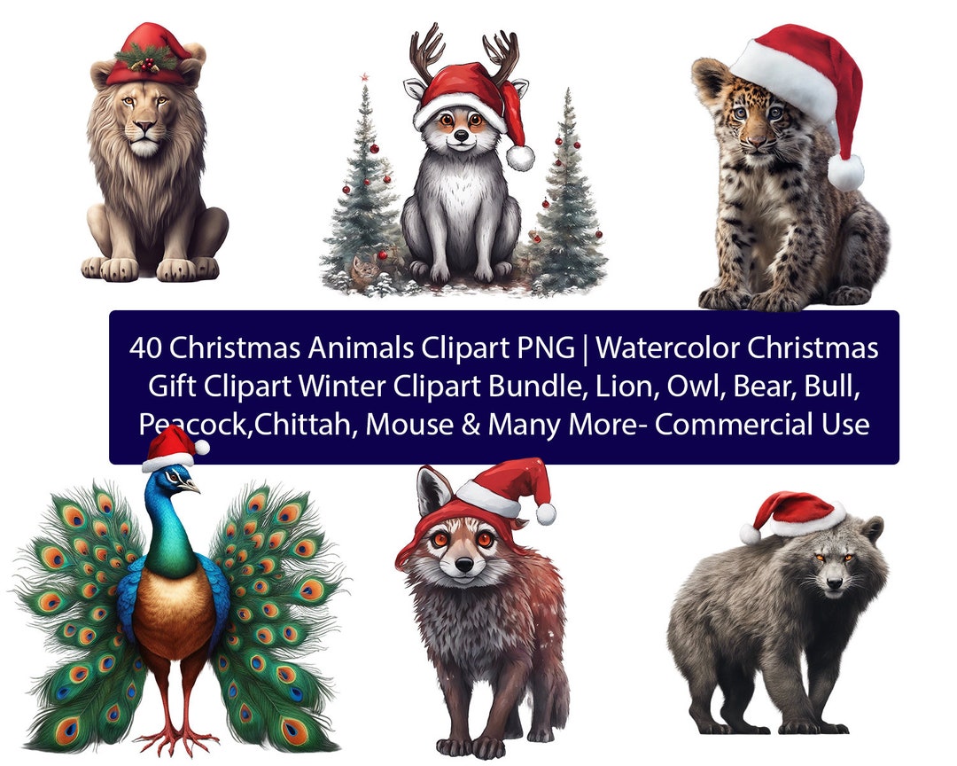 Buy 40 Christmas Animals Clipart PNG Watercolor Christmas Gift Clipart ...