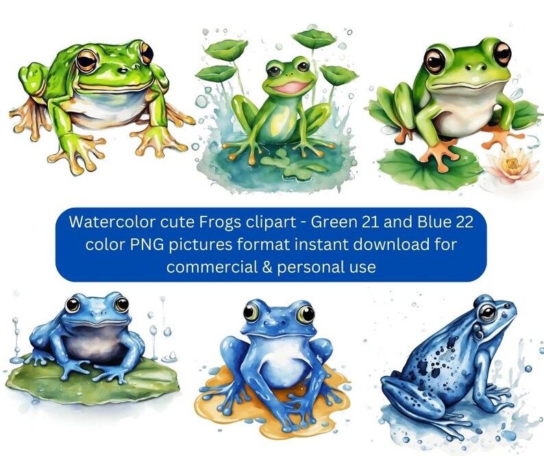 43 Watercolor Cute Frogs Clipart's Color Green 21 and Blue 22 PNG ...