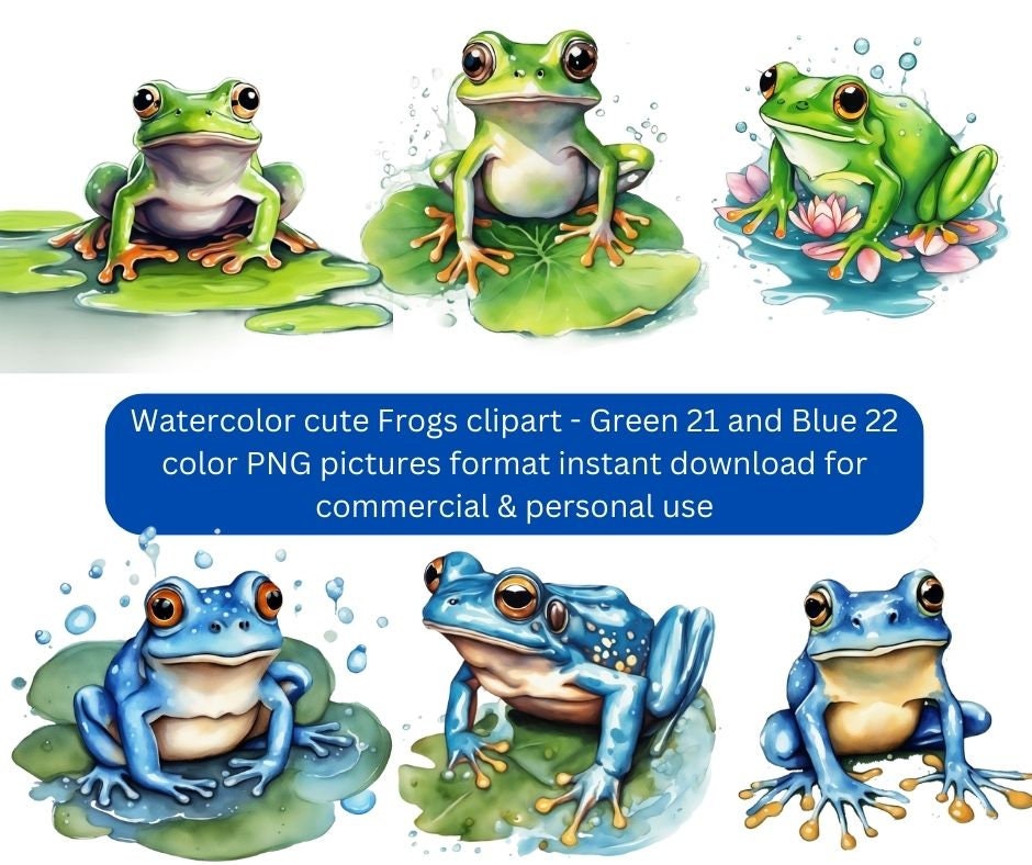43 Watercolor Cute Frogs Clipart's Color Green 21 and Blue 22 PNG ...