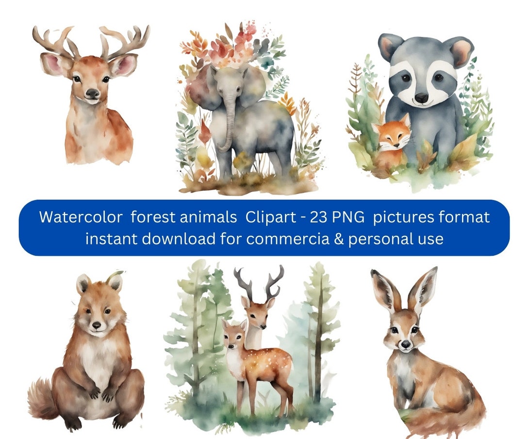 Watercolor Forest Animals Clipart 23 -PNG, Junk Journal, Scrapbook ...