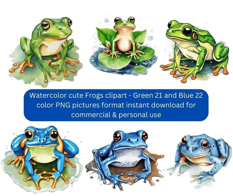 43 Watercolor Cute Frogs Clipart's Color Green 21 and Blue 22 PNG ...