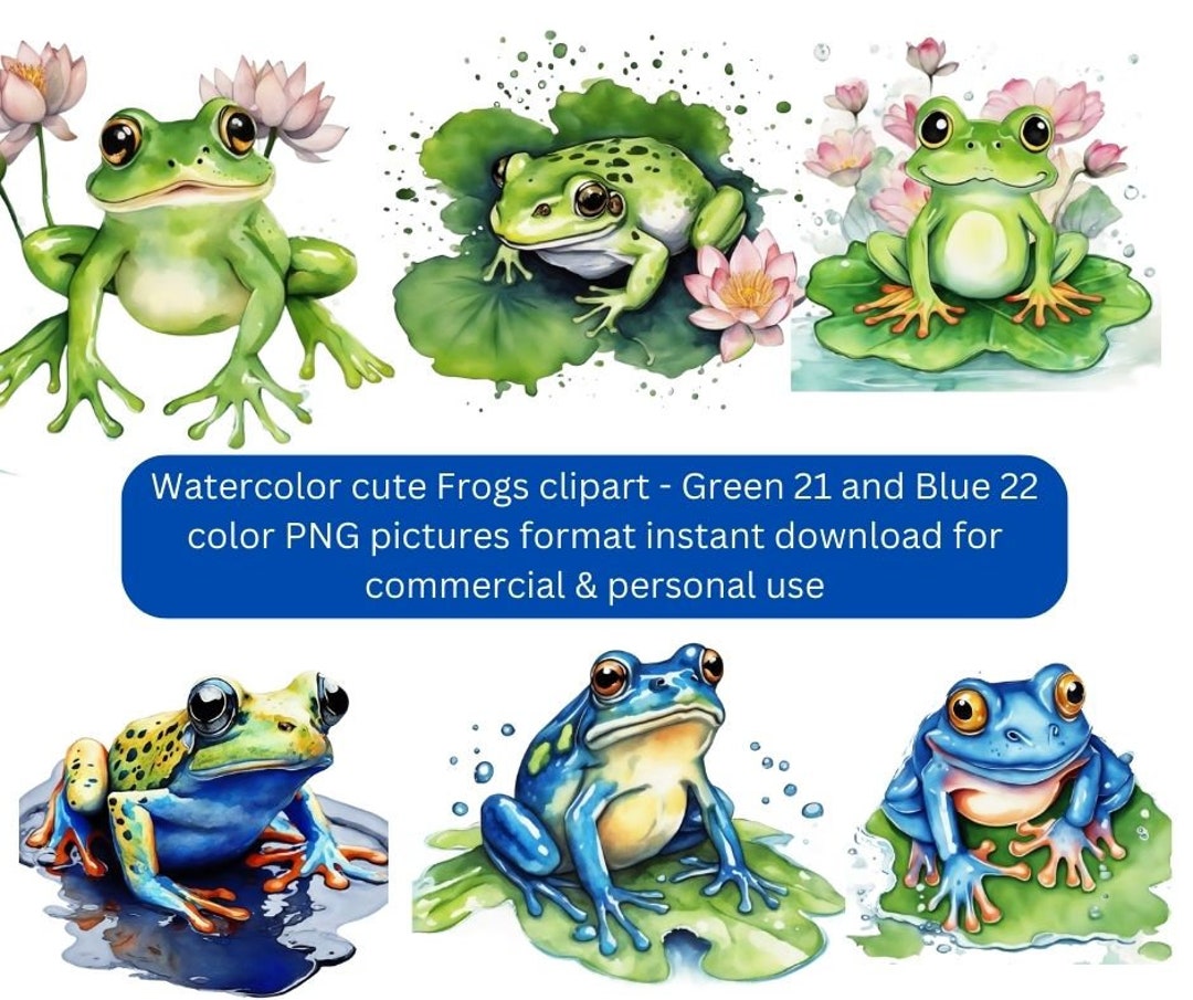 43 Watercolor Cute Frogs Clipart's Color Green 21 and Blue 22 PNG ...