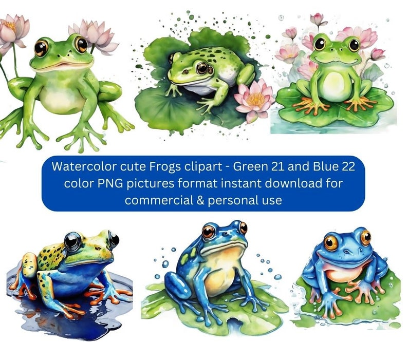 43 Watercolor Cute Frogs Clipart's Color Green 21 and Blue 22 PNG ...