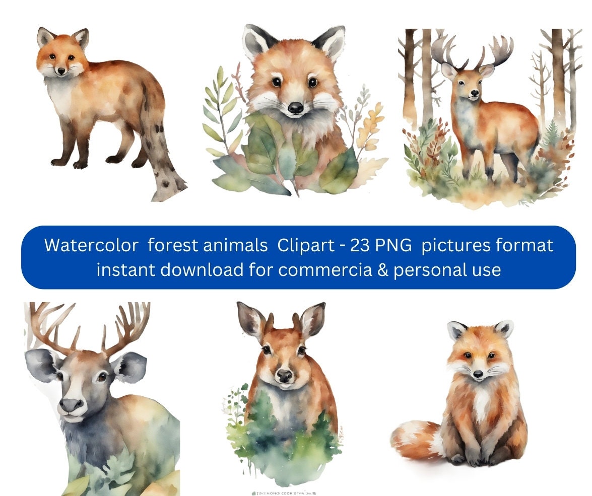 Watercolor Forest Animals Clipart 23 -PNG, Junk Journal, Scrapbook ...