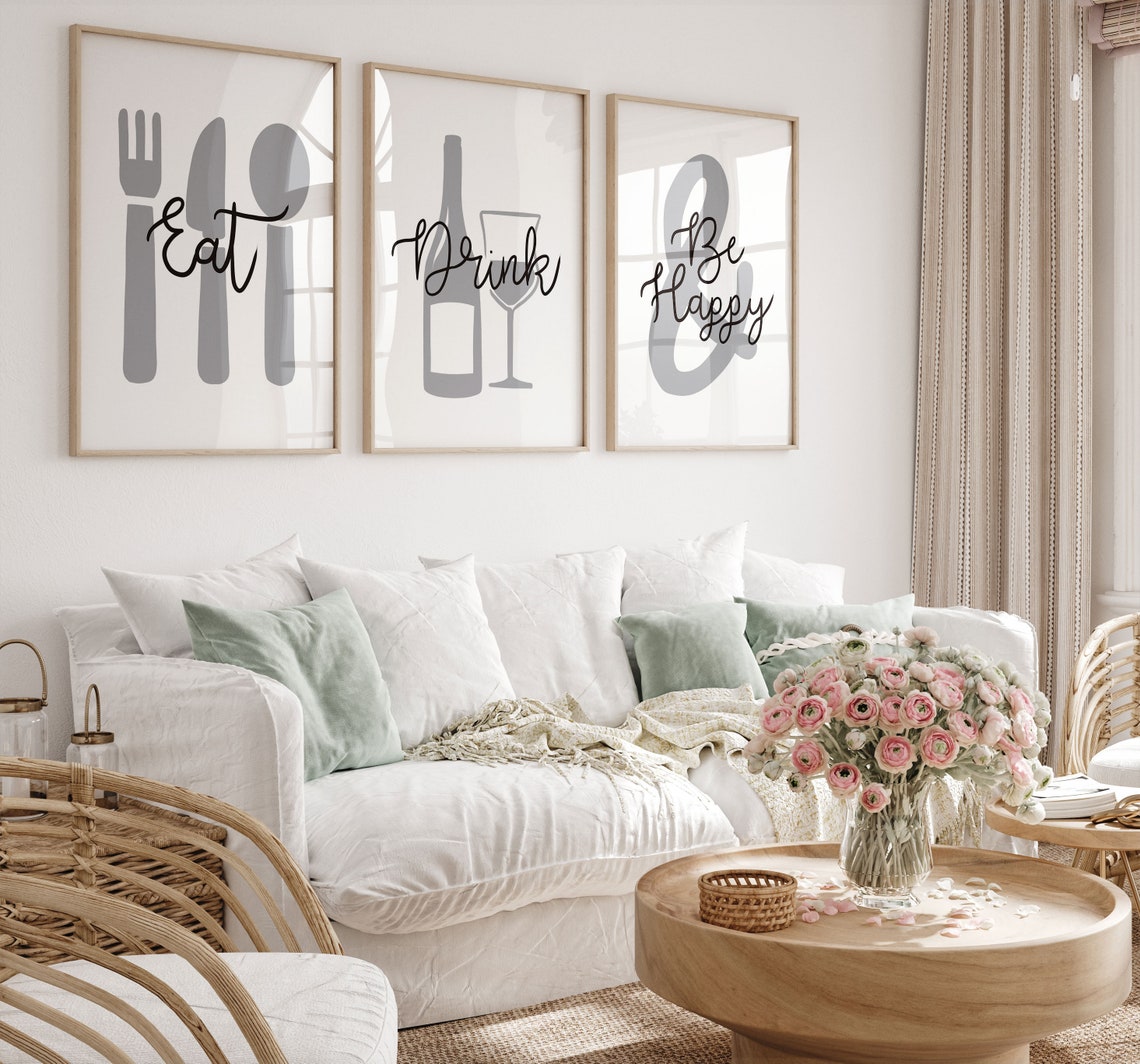 Kitchen Art Set 3 Line Drawing Prints, Ideal Housewarming Gift, Food ...