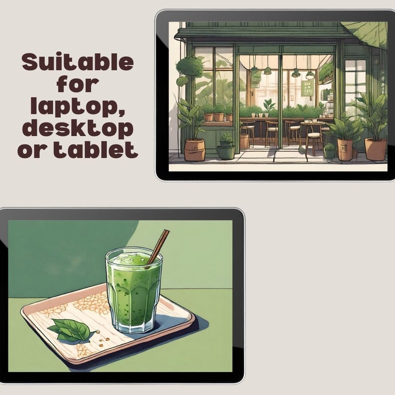 Lofi Matcha Green Desktop Wallpaper Background Cozy Anime - Etsy