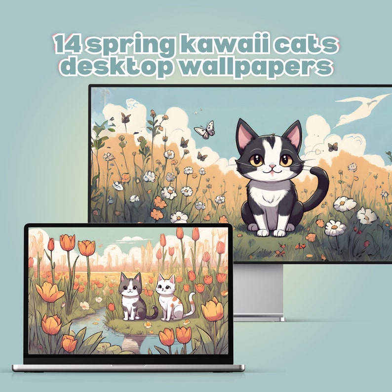 Spring Kawaii Cats Desktop Wallpaper Background Anime Flowers - Etsy