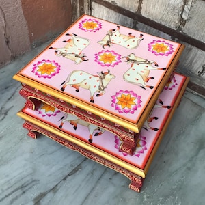 Cow Painted Chowki, Embossed Work Chowkis, Wooden Traditional Hand ...