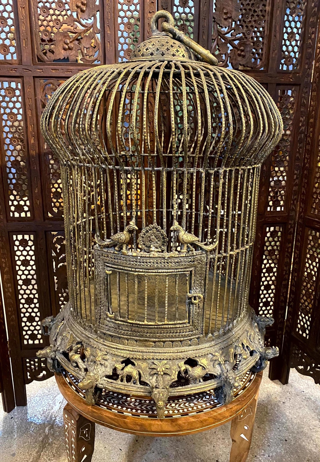 Vintage Victorian Era Brass Bird Cage, Carved Brass Pinjara ...