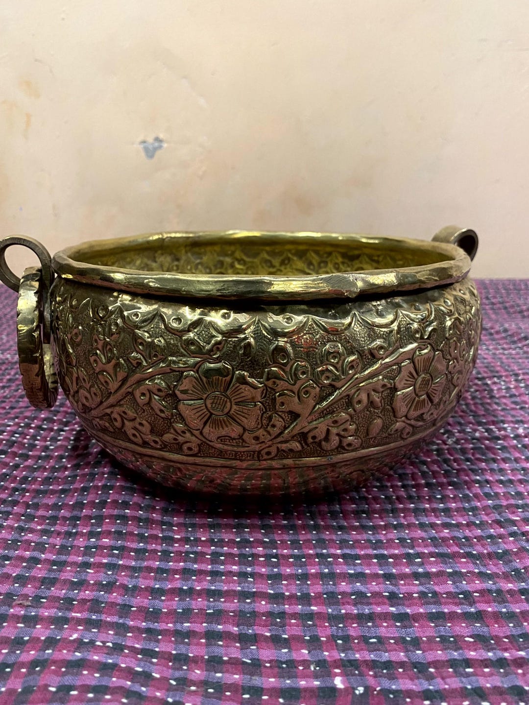 Double Handle Bowl, Indian Traditional Decor, Handmade Floral Craved ...