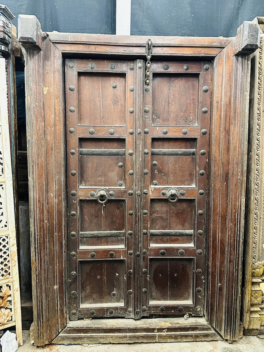 Teak Wood With Iron Bars Door, Rustic Wood Handcrafted Door, Hand ...