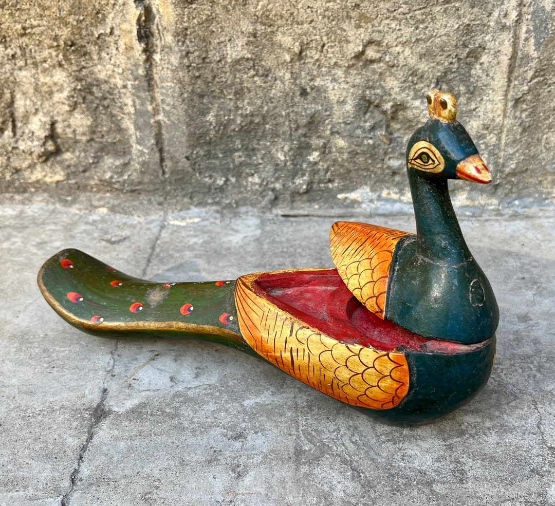 Old Hand Carved Painted Wooden Peacock Box, Decorative Box, Collectible ...