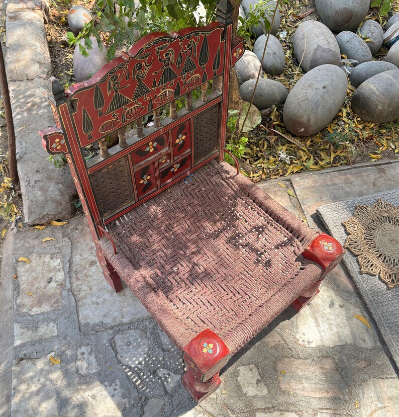 Rajasthani Painted Wooden Low Chair, Hand Woven Seat Chair, Sofa Pidha ...