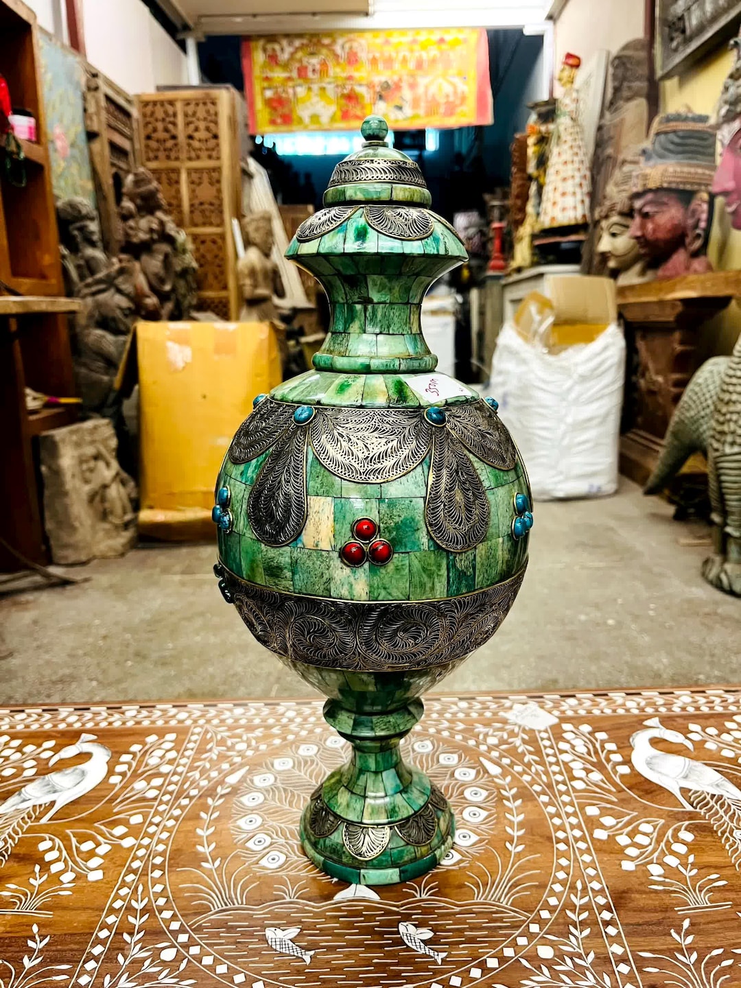 Green Bone Inlay Pot; and Decorative Bone Pot, Indian Bone Inlay ...