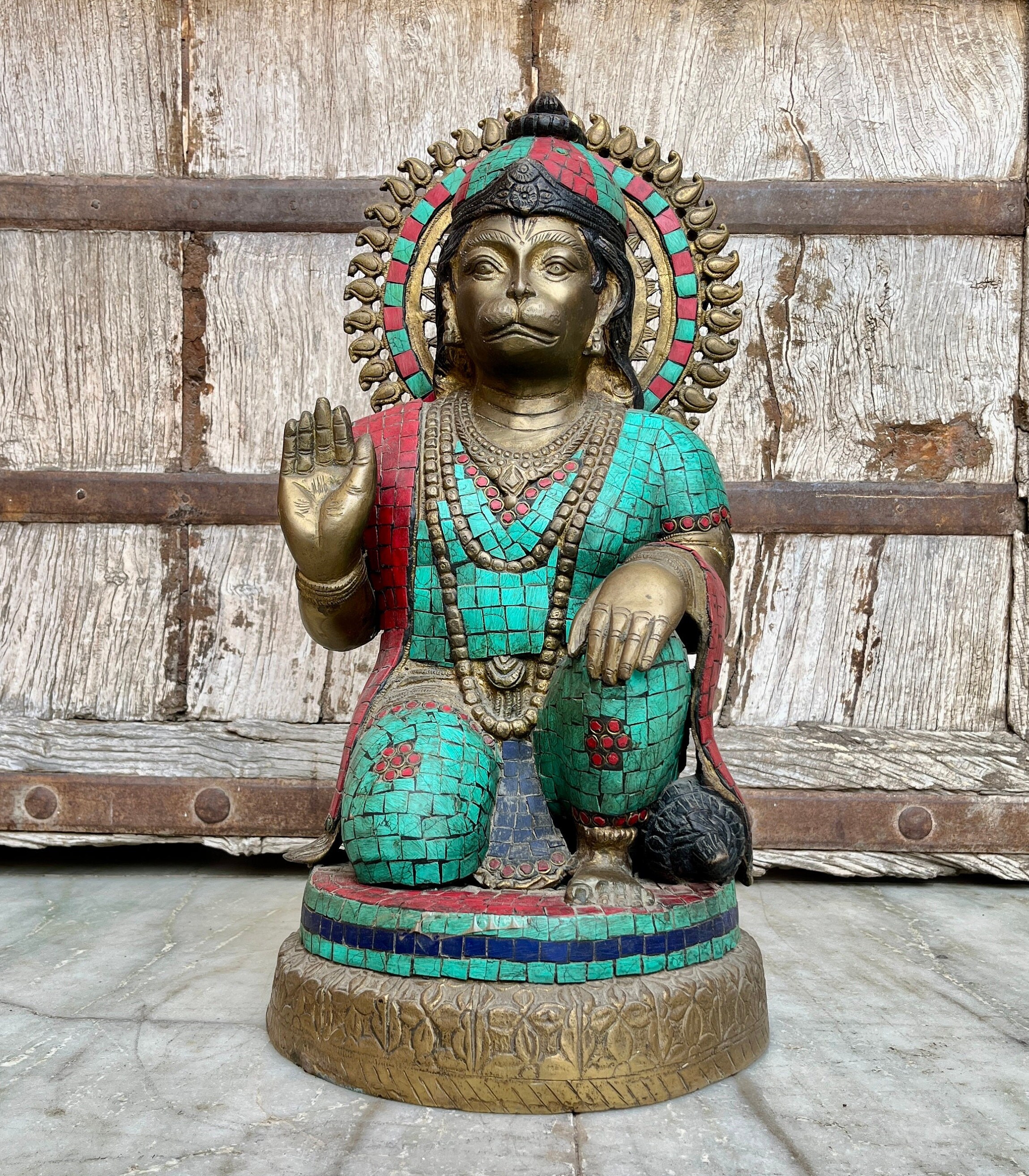 Lord Hanuman Sculpture With Stone Work, Bronze Blessing Hanuman Idol ...