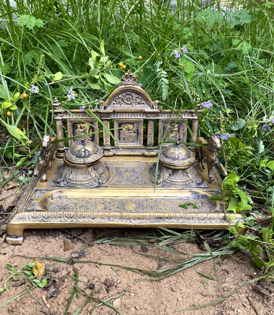 Antique Brass Inkwell, Double Well Desk Set, Bronze Hand Craved Lion ...