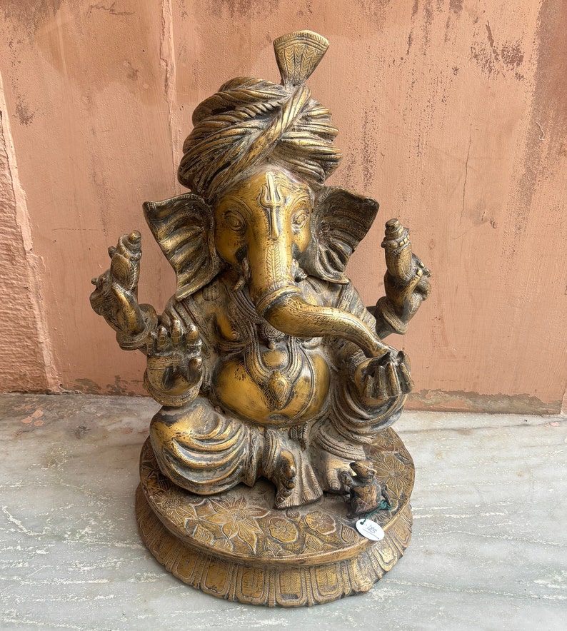 Old Lord Ganesha With Turban, Indian Brass Art, Blessing Ganpati Idol ...
