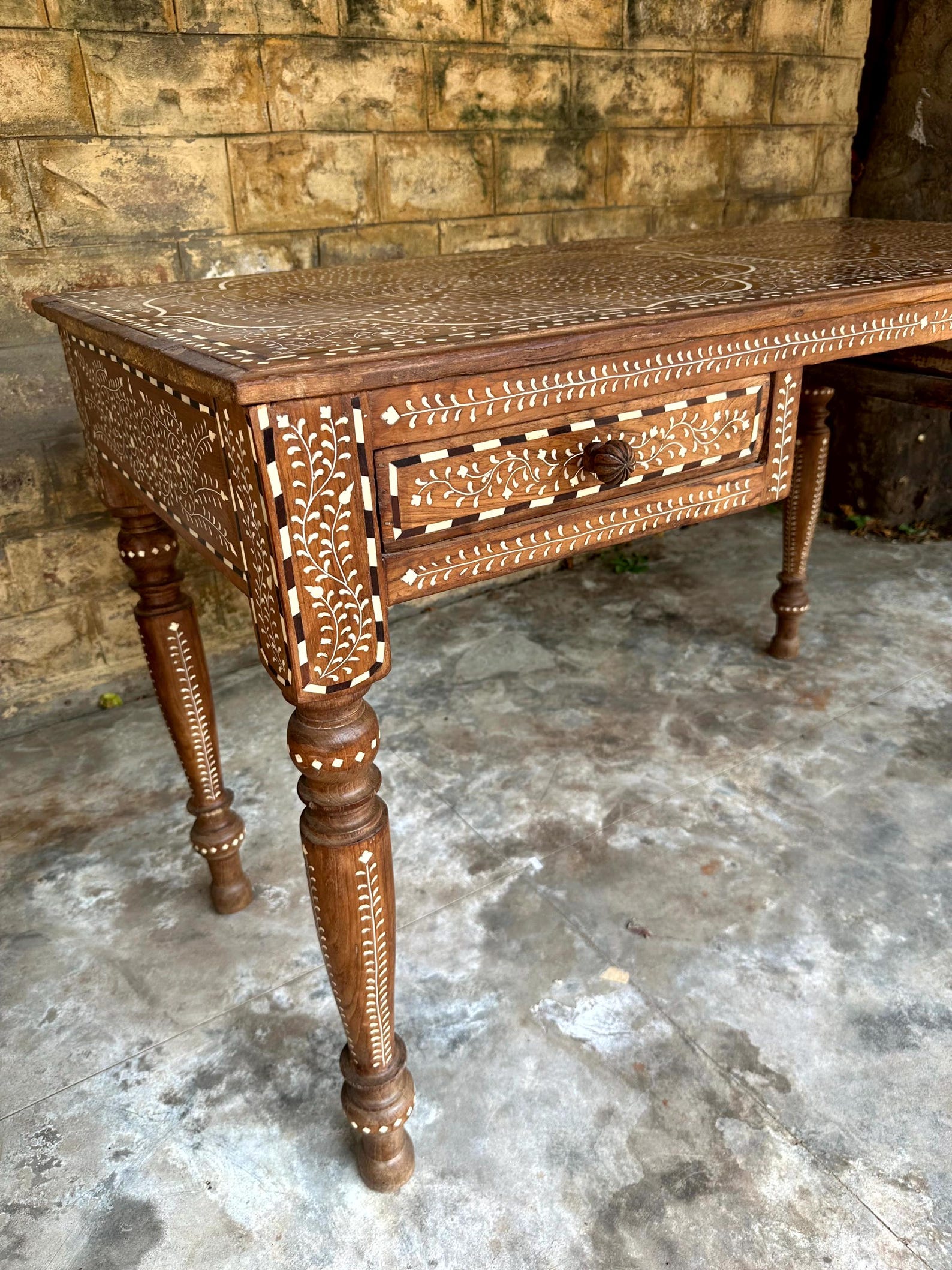 Wooden Carved Bone Inlay Study Table/office Table, Sheesham Wood Study ...