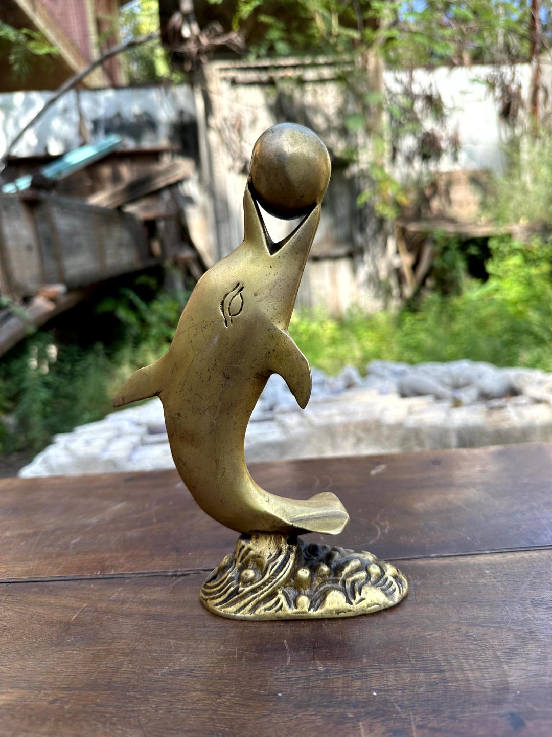 Vintage Dolphin With A Ball Statue, Animal Statue, Decorative Object ...