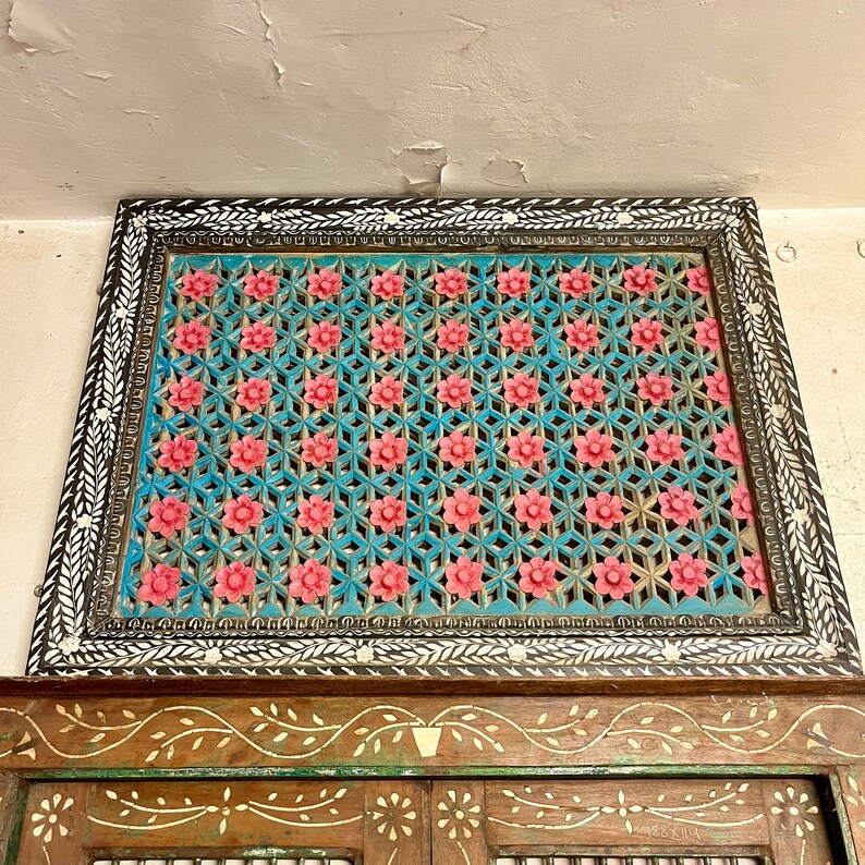 Painted Wooden Jaali Carving Wall Panel, Indian Wall Art, Distressed ...