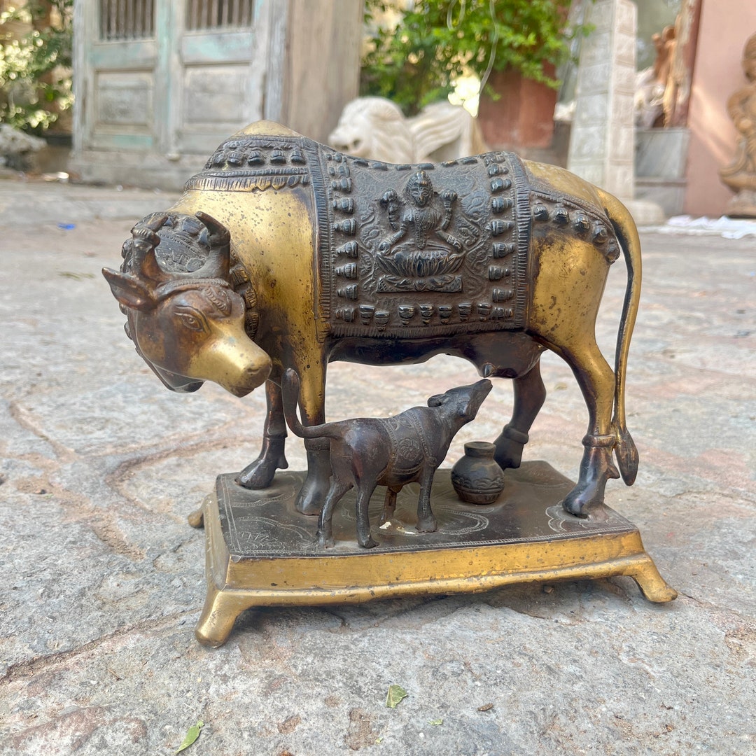 Brass Cow and Calf Idol, Holy Cow of Wishes & Desires, Hindu Deity ...