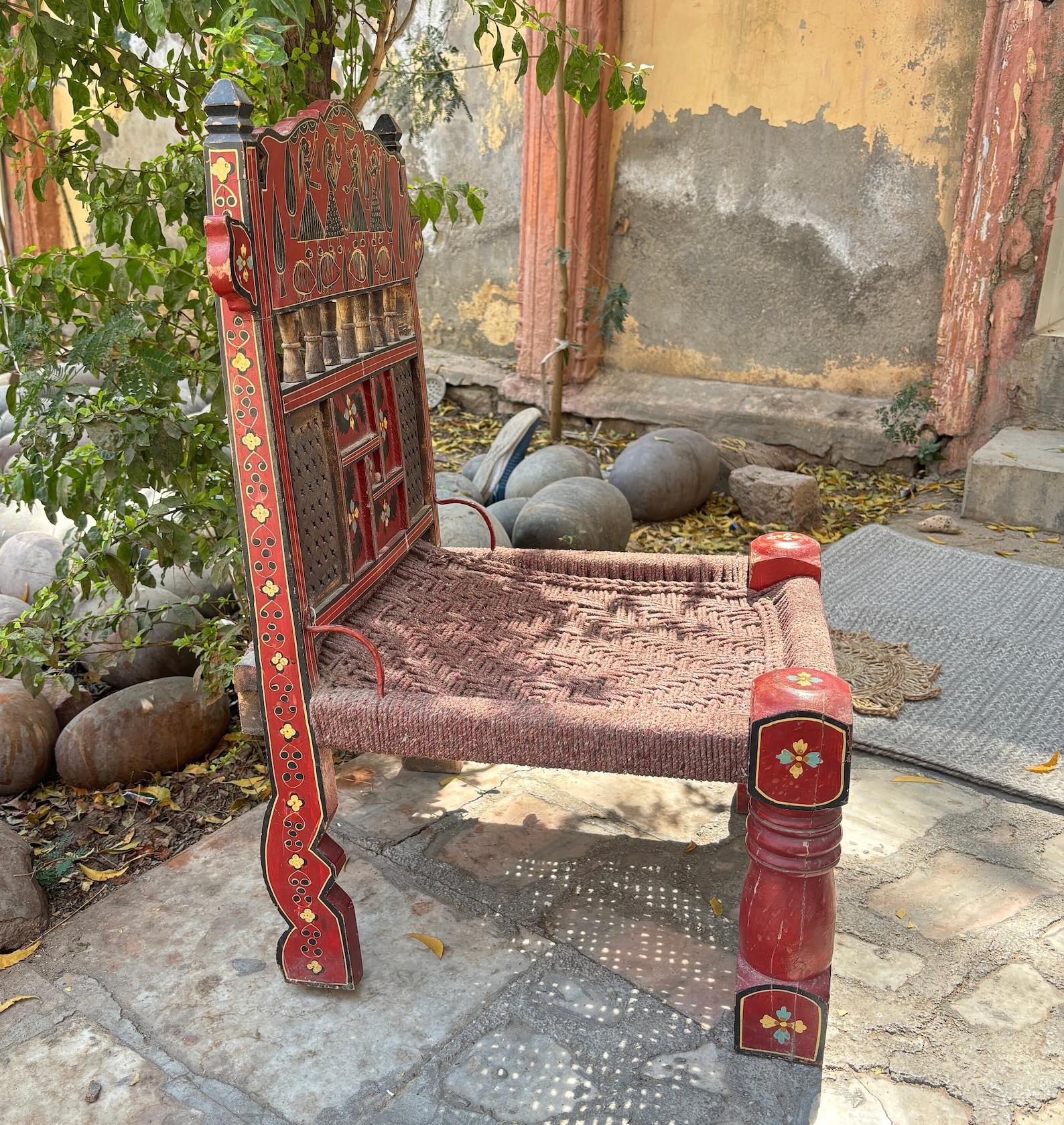 Rajasthani Painted Wooden Low Chair, Hand Woven Seat Chair, Sofa Pidha ...
